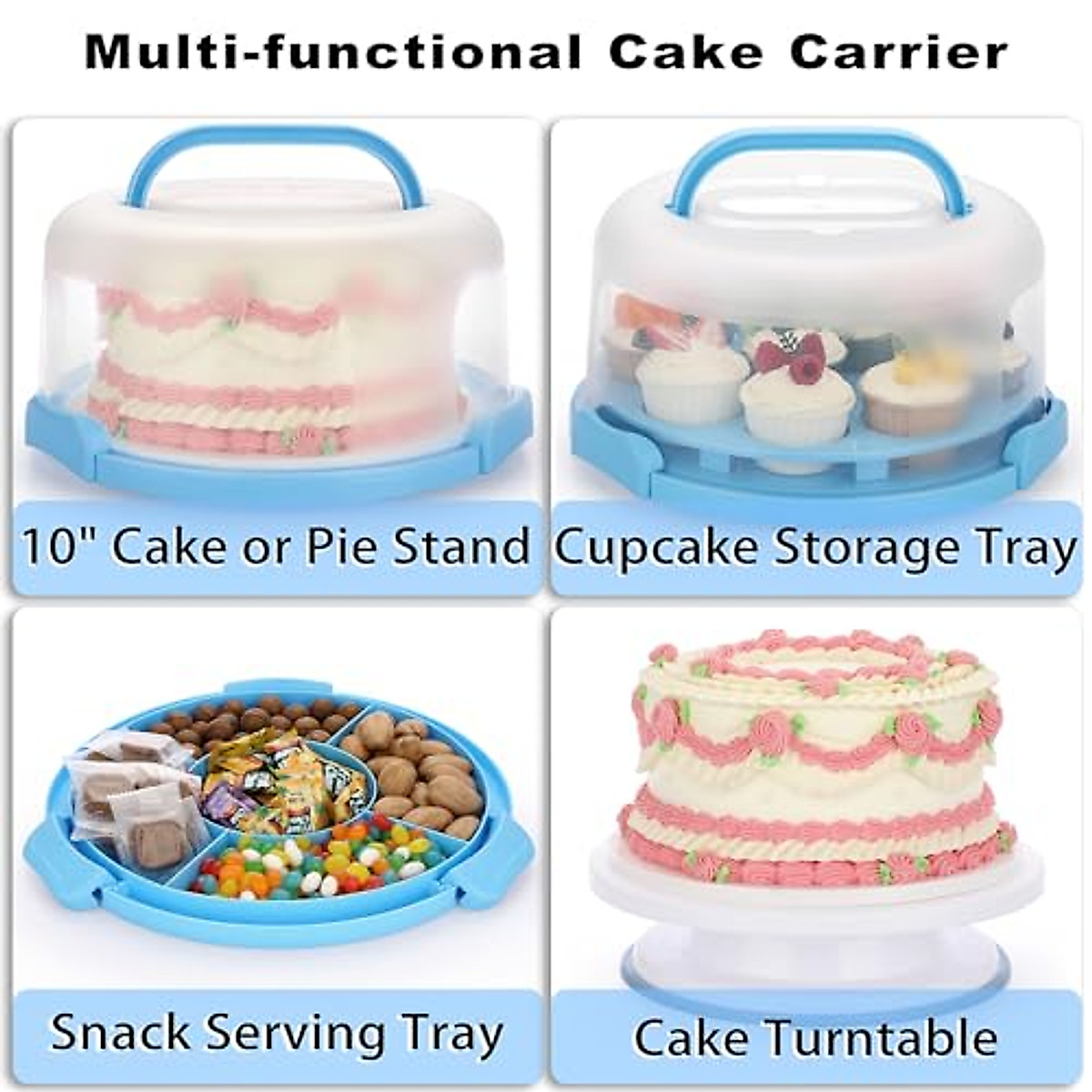 BSTKEY Portable Cake Carrier with Lid and Handle, Cake Turntable + Cupcake Storage Tray for Transport, 10" Round Cake Container Holder with Two Sided Base for Pies Nuts Fruit Cookies, Blue