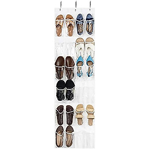 ZOBER Over The Door Shoe Organizer - 24 Breathable Pockets, Hanging Shoe Holder for Maximizing Shoe Storage, Accessories, Toiletries, Laundry Items. 64in x 18in (White, Clear)