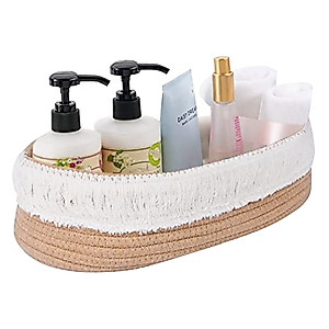 Toilet Tank Topper Paper Basket, Storage for Toilet Tank, Bathroom Baskets Tray, Toilet Baskets for Boho Bathroom Decor, Small Woven Baskets for Organizing, 13.5"x5.9"x4" (Brown-Fringe)