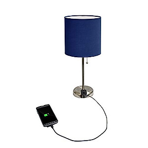 Limelights LT2024-NAV Brushed Steel Stick Table Desk Lamp with Charging Outlet and Drum Fabric Shade, Navy, 8.5 x 8.5 x 19.5