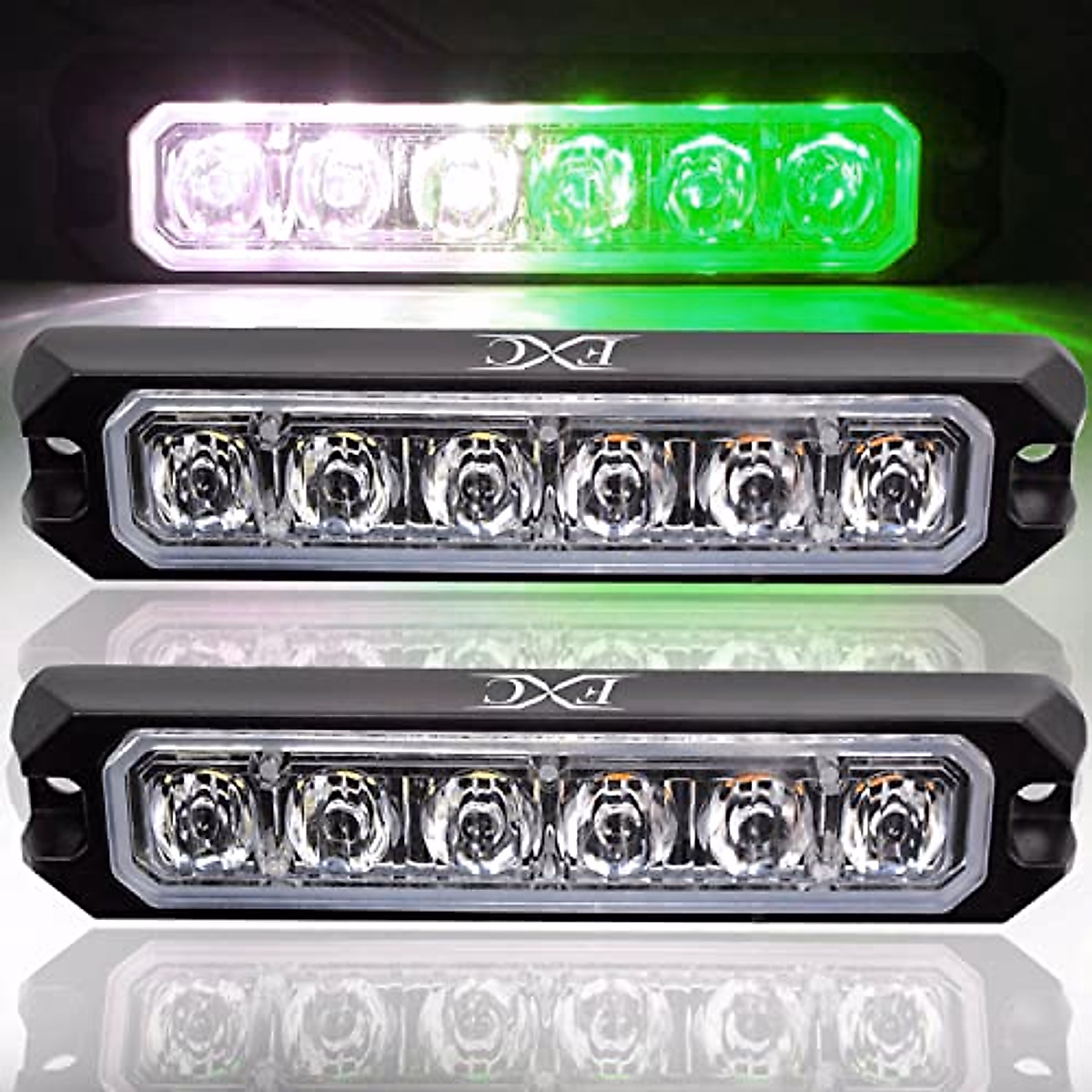 FXC 2pack Ultra Slim 6-LED Flashing Strobe Lights for Truck Car Vehicle LED Grille Light Emergency Beacon Caution Hazard Warning Lights Green/White