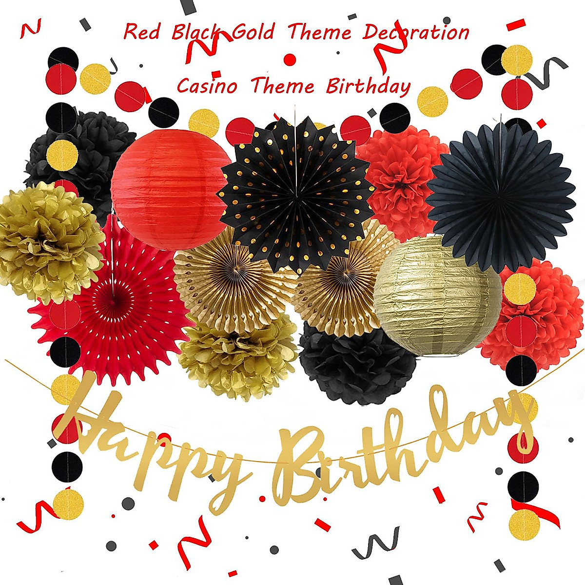 Red Black Gold Birthday Party Decorations Paper Lanterns Pom Poms Flowers Fans Casino Theme Party Decorations for Birthday Wedding Anniversary Bridal Shower Bachelorette Baby Shower Party