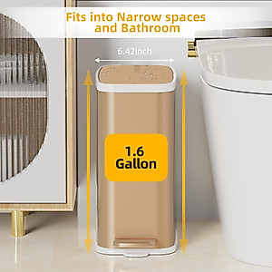 KdbK Champagne Gold Bathroom Trash Can with Lid Soft Close,1.6 Gallon Slim Garbage can,Small Metal Step Wastebasket for Office, Bedroom, Toilet, Live Room