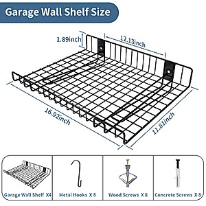 4 Pack Garage Wall Shelf, Wall Mounted Storage Shelves, Heavy Duty Metal Shelves for Room Wall, Loads 260 LBS Floating Shelves Mesh Storage Rack for Garage, Office, Basement,Wall Cabinet and Kitchen