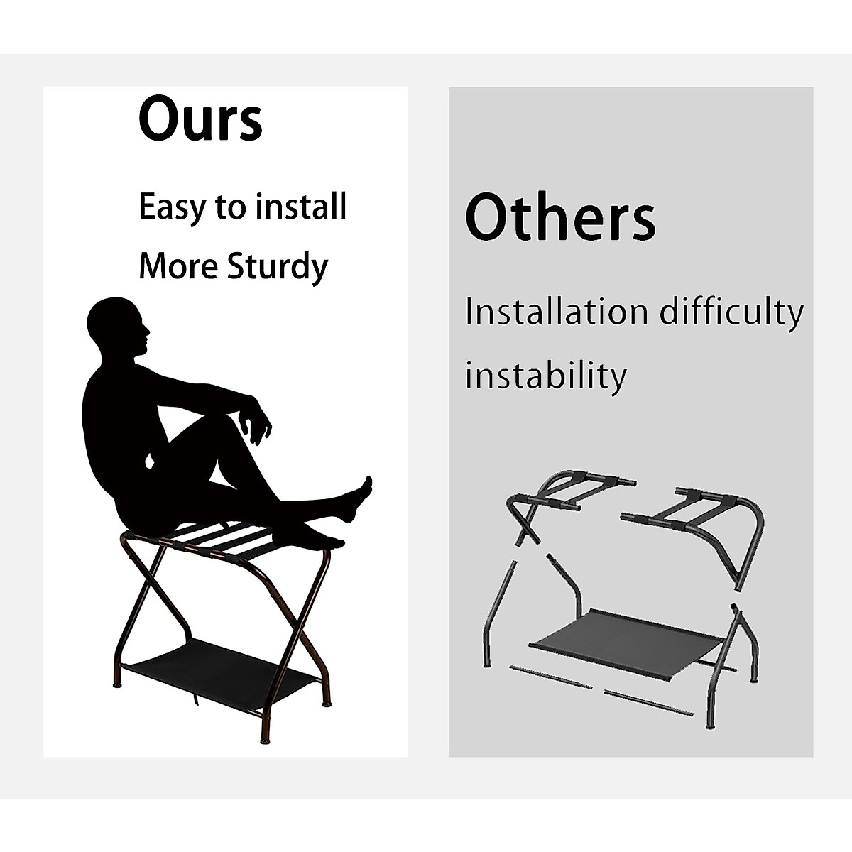 Yuihochic Luggage Rack, Pack of 2, Suitcase Stand with Fabric Storage Shelf, for Guest Room,Bedroom,Hotel, Foldable Painted Steel Frame (Black+Package Quantity 2)