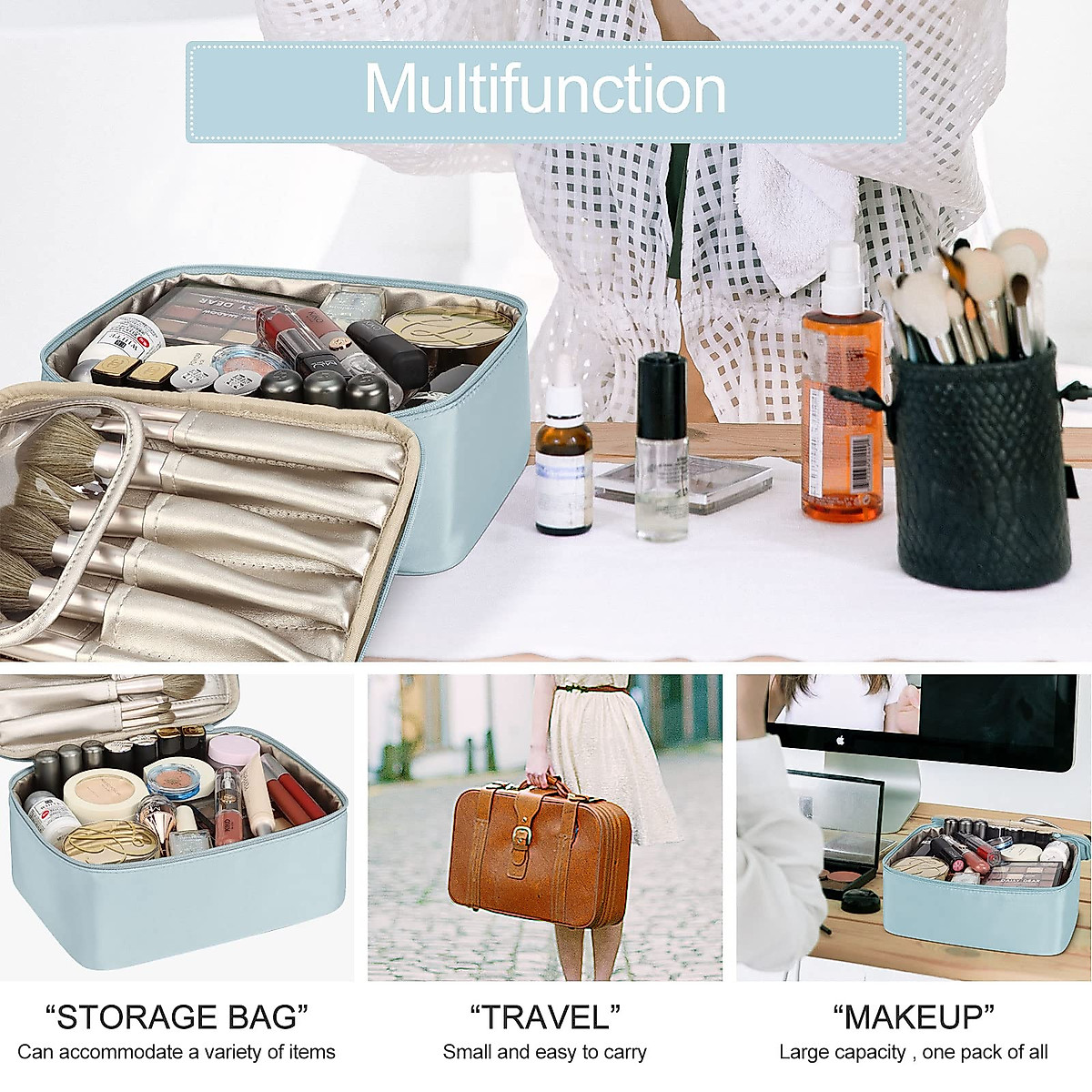 Pocmimut Makeup Cosmetic Bag for Women Cosmetic Travel Makeup Large Toiletry Bag for Girls Make Up Brush Bags Reusable Toiletry Bag(Blue)