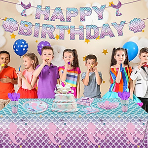 122Pcs Mermaid Birthday Party Supplies Mermaid Party Decorations Set Includes Plates, Napkins, Forks, Cups, Tablecloth, Banner for Girls Baby Shower Ocean Party Supplies, Serves 24