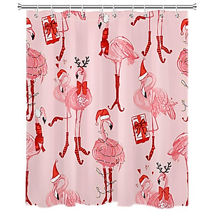HVEST Christmas Flamingo Shower Curtain, Pink Flamingo with Xmas Hat and Stocking on Pink Background Shower Curtain for Bathroom, Fabric Shower Curtain with Hooks, 60W x 72L Inches