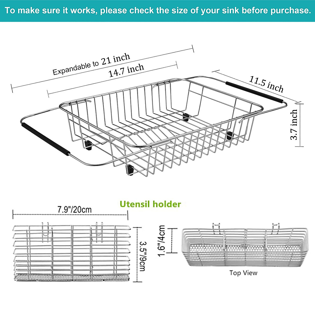 iPEGTOP Expandable Dish Drying Rack with Rustproof Stainless Steel Utensil Cutlery Holder, Over Sink Dish Rack Basket Shelf, Dish Drainer in Sink or On Counter