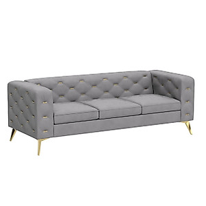 LEVNARY Modern Chesterfield Sofa, Velvet Button Tufted Upholstered 3 Seater Couch, 84 Inches Settee Sofa with High Arm and Golden Metal Legs, Couches for Living Room Bedroom Office (Gray)