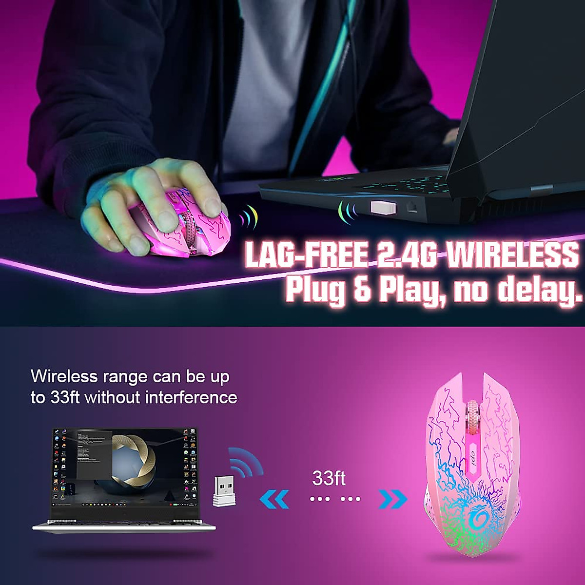 VersionTECH. Wireless Gaming Mouse, Rechargeable Computer Mouse Mice with Colorful LED Lights, Silent Click, 2.4G USB Nano Receiver, 3 Level DPI for PC Gamer Laptop Desktop Chromebook Mac-Pink