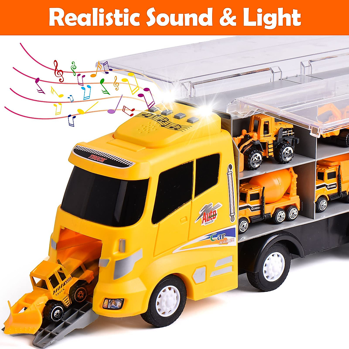 LOYEH 18 in 1 Die-cast Construction Truck Kids Play Vehicles Toy Set, Construction Toy Truck with 12 Construction Vehicles and 8 Toy Figures, Lights and Sounds, Kids Birthday Gifts