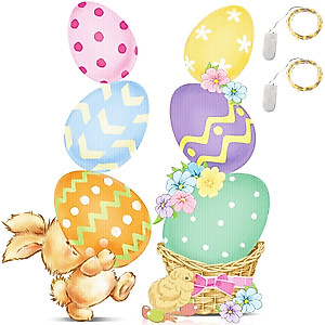 Easter Yard Signs with LED Lights 2 PCS Chick and Eggs Stake Signs Plastic Easter Egg Yard Decoration Large Easter Outdoor Sign Yard Lawn Bunny Decor for Easter Home Yard Lawn Party Outdoor Decoration