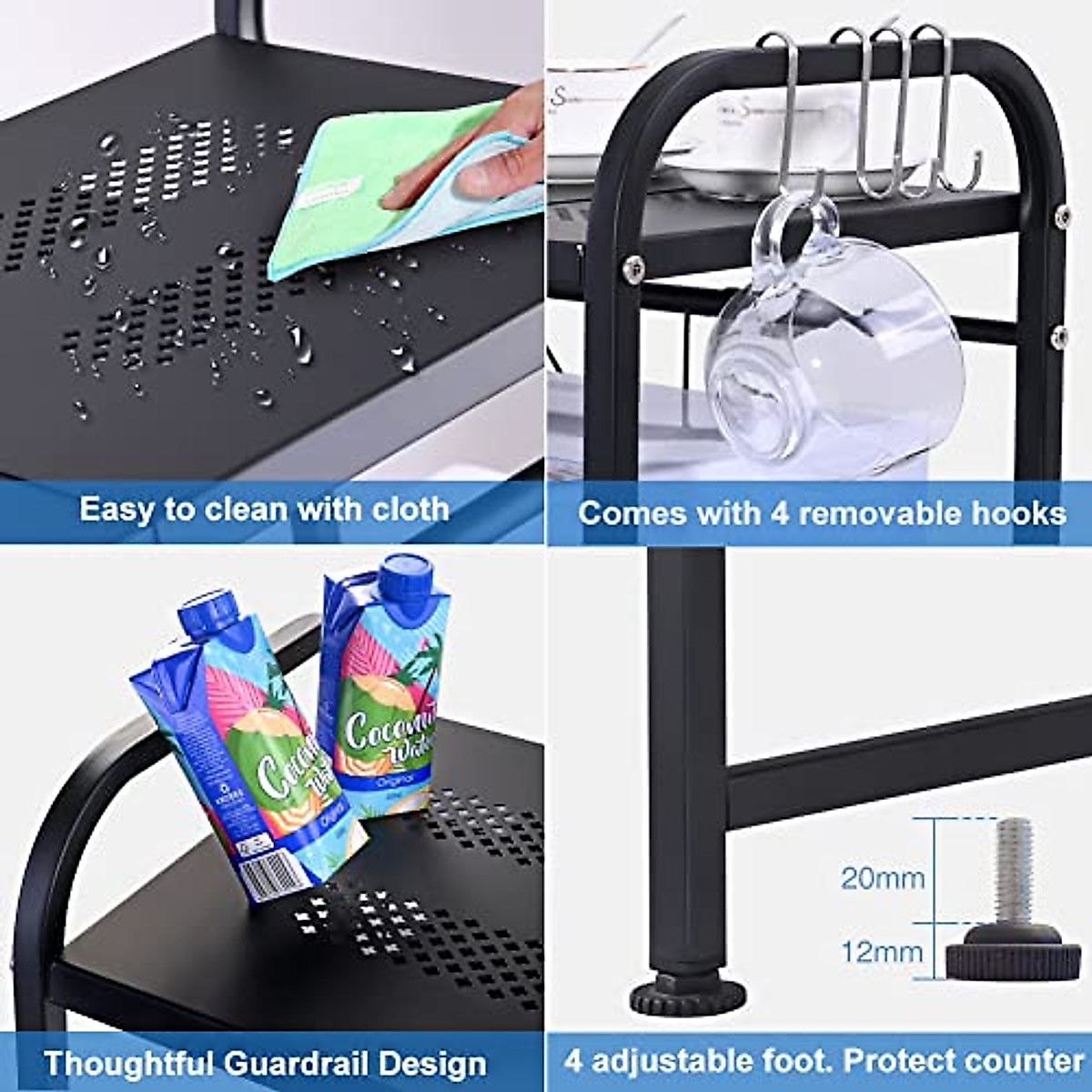 Expandable Microwave Shelf Rack Unit Kitchen Storage Stand Countertop Organizer w/ 4 Hooks 2-Tier Steel (L16.1"~26"x Depth13.58"x Height Clearance 14") for Toaster, Max Load 83lbs, Matte Black