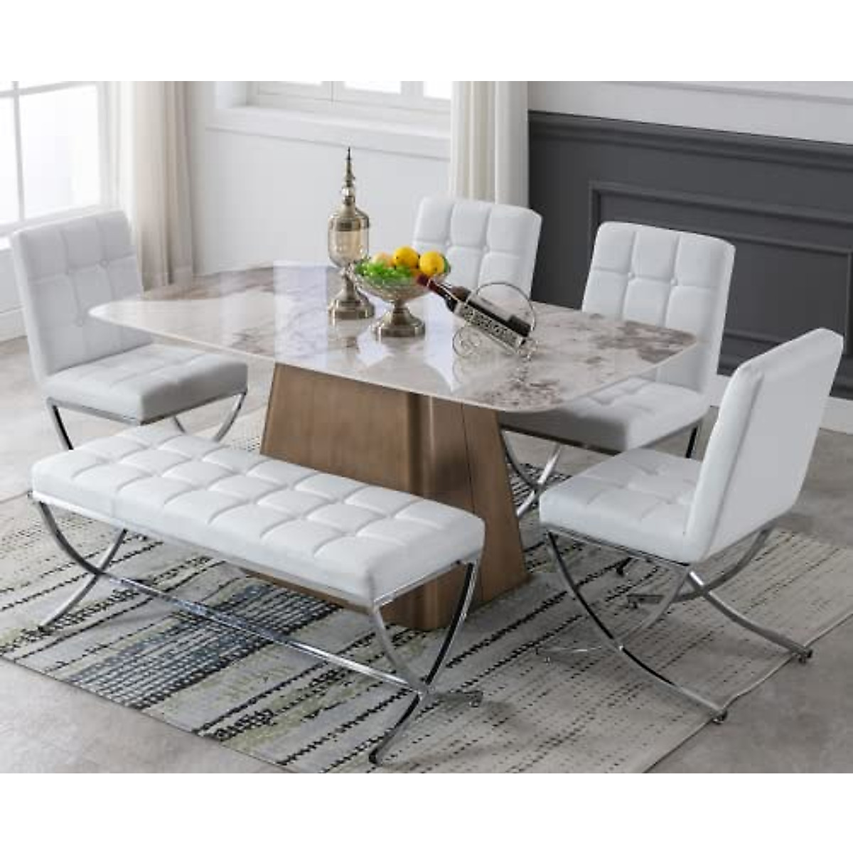 EALSON Modern Tufted Dining Chairs with Bench Set of 5 Leather Upholstered Dining Room Chairs with Chrome Metal Legs Mid Century Kitchen Chairs Armless Side Chairs for Dining Room Living Room, White
