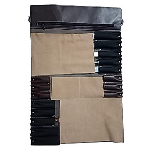 Professional Chef Genuine Premium Cowhide Leather Chef Knife Bag/Knife Roll 16 Pockets Space #F15 (Dark Brown)