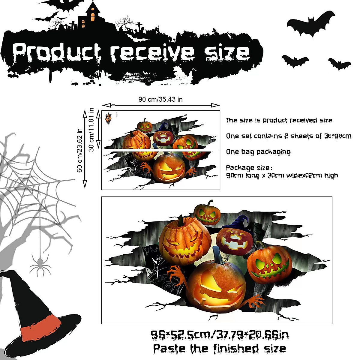 NICEMOVIC Halloween Floor Stickers, 3D Halloween Floor Decoration, Halloween Wall Window Decals Removable, Halloween Pumpkin Decoration Stickers, Halloween Scary Stickers for Home Office Party Decors
