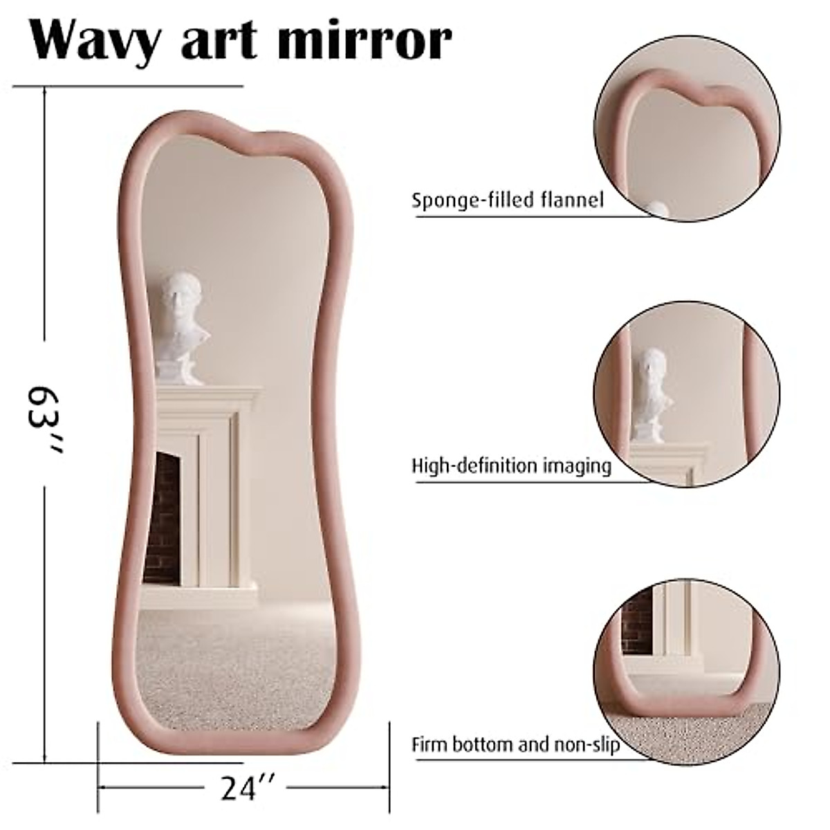 BOJOY Full Length Mirror, 63" x 24" Wall Mirror, Flannel Wrapped Wooden Frame Full Body Mirror, Irregular Wavy Mirror Hanging or Leaning Against Wall for Cloakroom/Bedroom/Living Room, Pink