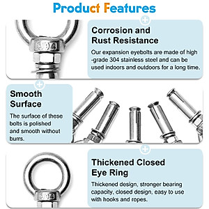 MroMax Expansion Lifting Eyebolt M8x50mm Eye Ring Bolt 2.95" Length 304 Stainless Steel Expansion Bolts with Nuts Eye Hooks Anchor Fastener for Concrete Wall Masonry Ceiling Silver 5Pcs