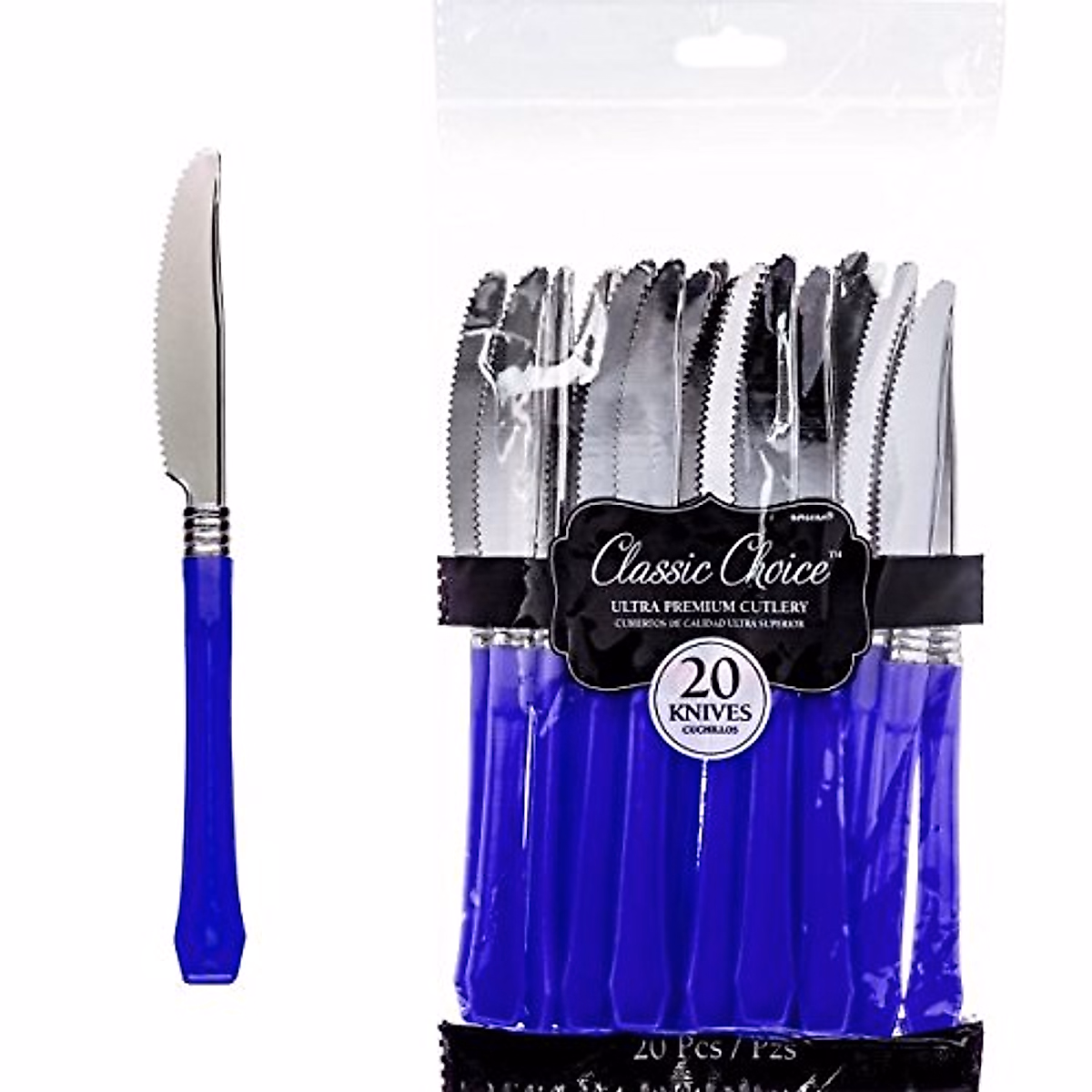 Amscan 436901.105 Premium Cutlery Knives, 7 1/2", Blue/Silver