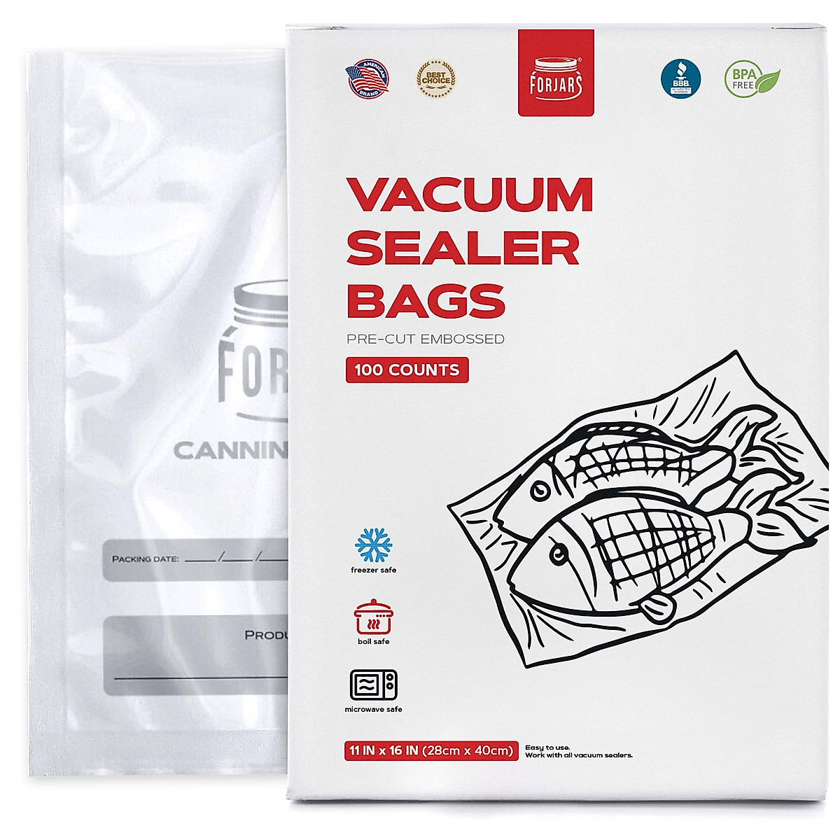 FORJARS Vacuum Sealer Bags For Food Storage - Method Sous Vide Cooking - Pack of 100 count Pre-Cut Size Bags, Perfect for Food Storage and Cooking - Ideal for Home and Commercial Use (11x16 (100pcs))