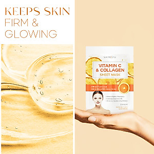 Skin 2.0 Vitamin C and Collagen Sheet Face Mask - Dermatologist Tested - Prevents Sun Damage, Reduces Acne Scars & Wrinkles, Brightening Sheet Mask - Korean Skin Care - All Skin Types - 5 Masks