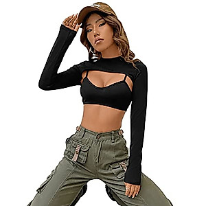 Verdusa Women's 2Pcs Mock Neck Long Sleeve Crop Top Spaghetti Straps Scoop Neck Sleeveless Cami Top Black L