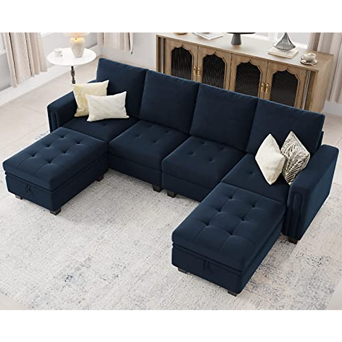 Belffin Velvet U Shaped Sectional Sofa Couch with Storage Ottoman Convertibel Sectional Sofa with Reversible Chaises Blue