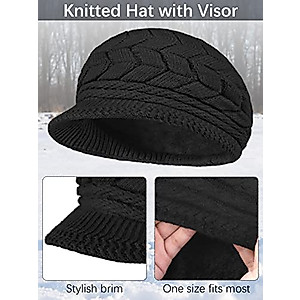 URATOT 3 Pieces Winter Beanie Hat with Brim Scarf Glove Warm Cap with Visor Knitted Touch Screen Glove Gifts for Women