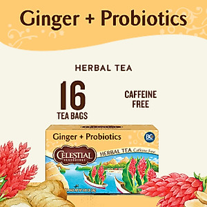 Celestial Seasonings Ginger + Probiotics Herbal Tea, Caffeine Free, 16 Tea Bags Box, (Pack of 6)
