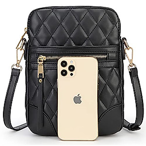 lola mae Small Quilted Crossbody Bag for Women Phone Pocket Shoulder Handbag Zipper Closure (Black)
