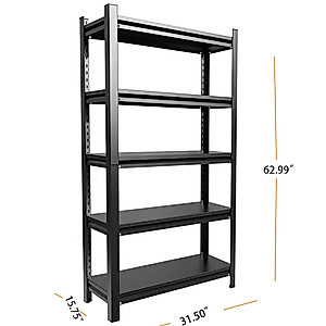 Boncun 5 Tier Utility Shelves Metal Storage Shelves Garage Shelving Unit Adjustable Garage Storage Shelves Storage Racks Heavy Duty Shed Shelving (Black, 5 Tier)
