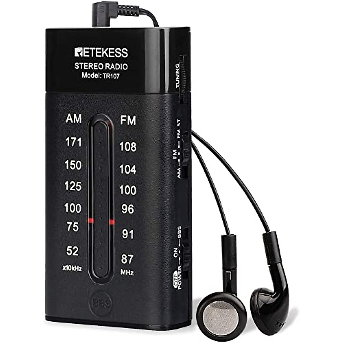 Retekess TR107 Pocket Radio AM FM, Portable Radio with Headphones, AAA Battery Operated, FM Stereo and Bass Boost, Ideal for Walking, Jogging(Black)