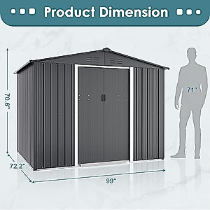 Incbruce 6X8 Ft Outdoor Storage Shed, Double Sloping Roof Metal Shed, Garden Storage Shed with Sliding Door, Metal Shed Kit with Double Doorknobs and Air Vents (Grey)