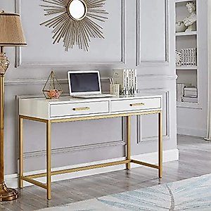 24KF Modern Century Home Office Desk with Lacquer Finish Golden Metal Base,Console Table with 2 Drawers - 80612-White