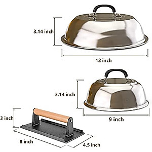 Cellay Griddle Accessories - 12 & 9 Inch Round Basting Cover Cheese Melting Dome Steaming Cover with 8 Inch Cast Iron Burger Bacon Press for Griddle Grill Cooking Indoor or Outdoor - 3 Pack