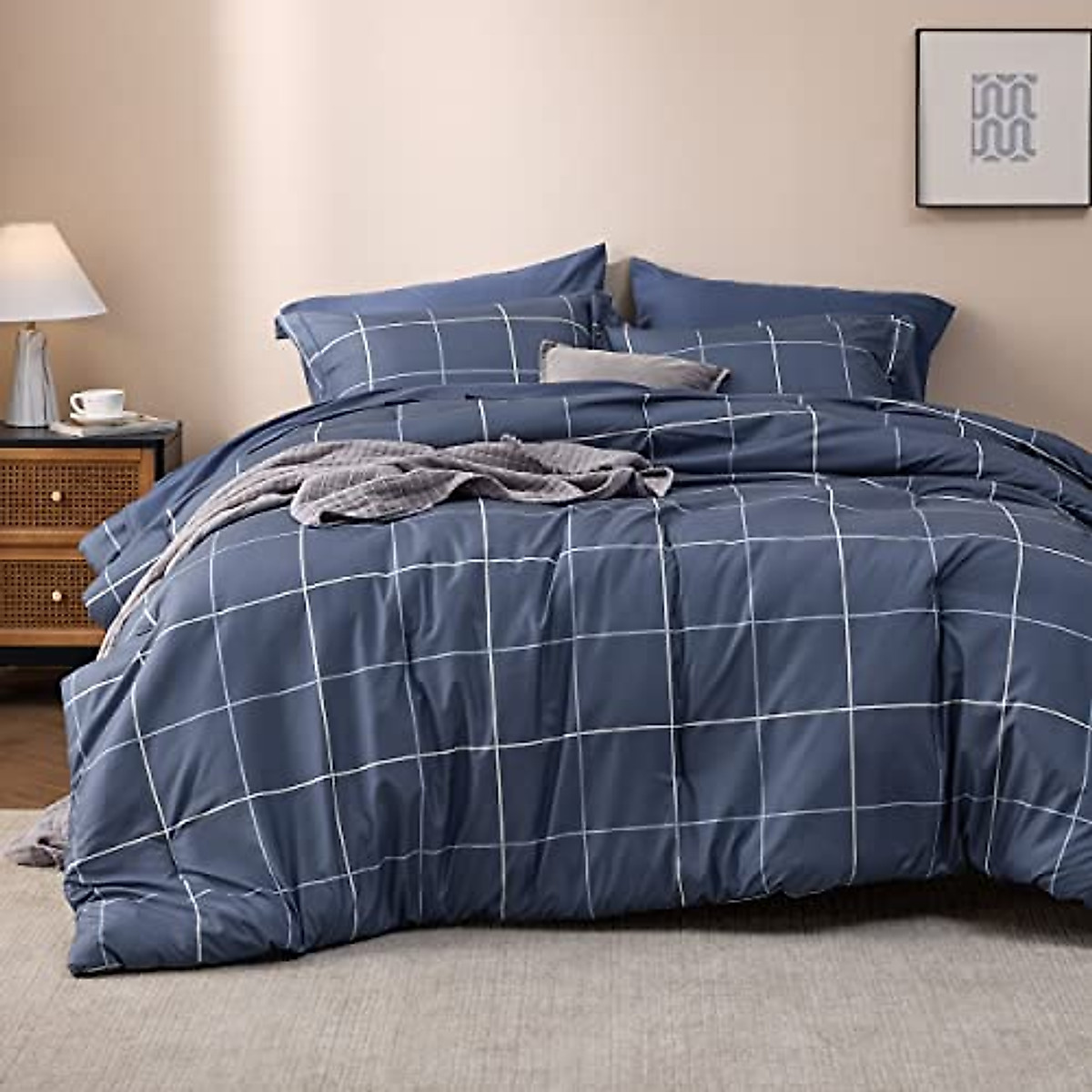 Bedsure Twin Comforter Set - 5 Pieces Navy Blue Grid Bedding Sets Twin Bed in A Bag with Comforters Twin Size, Sheets, Pillowcase & Sham, Bed Sets