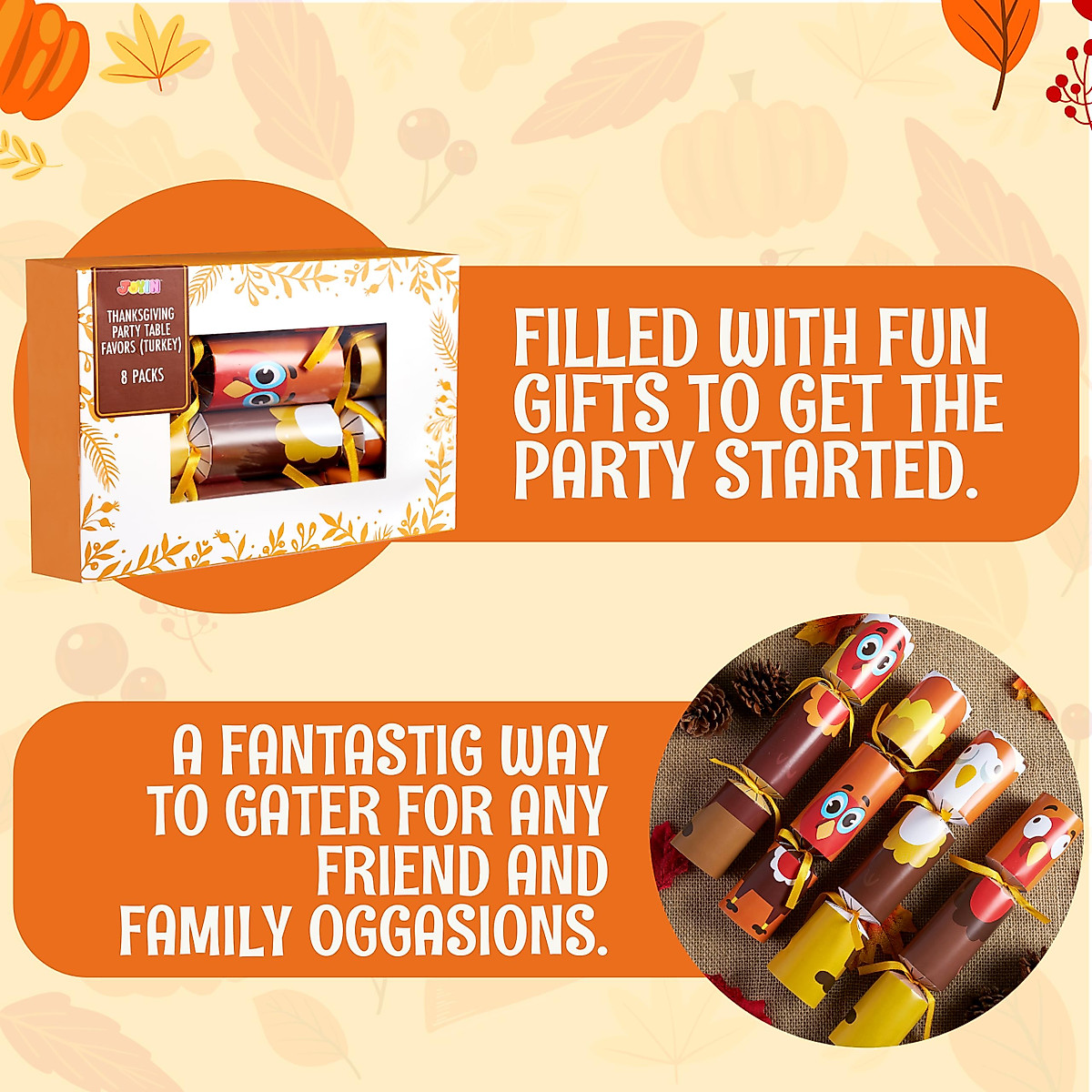 JOYIN 8 PACK Thanksgiving Party Favor,Turkey Style Thanksgiving Cracker,Party Games for Fall Holiday, No Snap Party Table Favor Set with Joke Dice & Gifts,Thanksgiving Holiday Cracker for Kids Adults