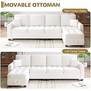 coucheta 100.6" Modular Sectional Sofa with Storage, Home Sofa Living Room with 4 Seat, L-Shaped Bench Chenille for Offices and Apartments, Deep Seat Sofa with Double Sided Chaise Longue, Beige