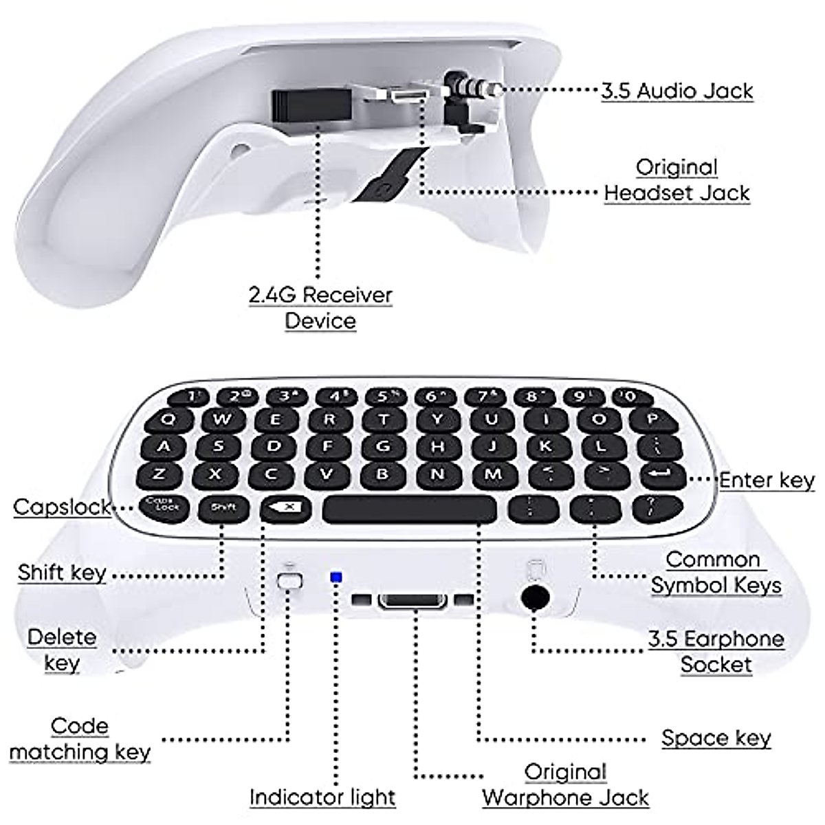 MENEEA Controller Keyboard for Xbox Series X/Series S/One/S/Controller, Mini Game Chatpad Keypad with Audio/3.5mm Headset Jack & 2.4Ghz Receiver Accessories for for Xbox Series X/S Game Controller