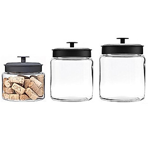 Anchor Hocking Montana Glass Jars with Fresh Seal Lids Canister Set, Black Metal, 3-Piece Set