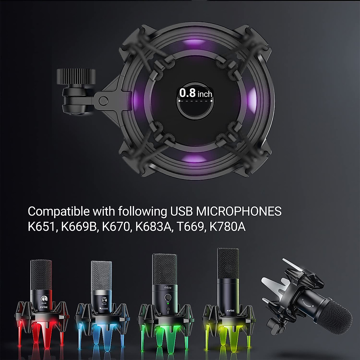 FIFINE RGB Microphone Shock Mount for Vibration Isolation, Easy Mic Holder, Compact Protection - SK78