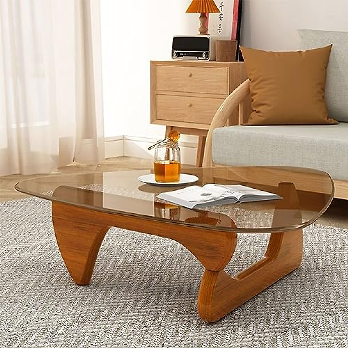 Triangle Glass Coffee Table-Mid-Century Modern End Table Solid Wood Base and Vintage Tempered Transparent Glass Top Coffee Tables Living Room Balcony (Walnut/Brown, Medium 35.8 * 25.5 * 16in)