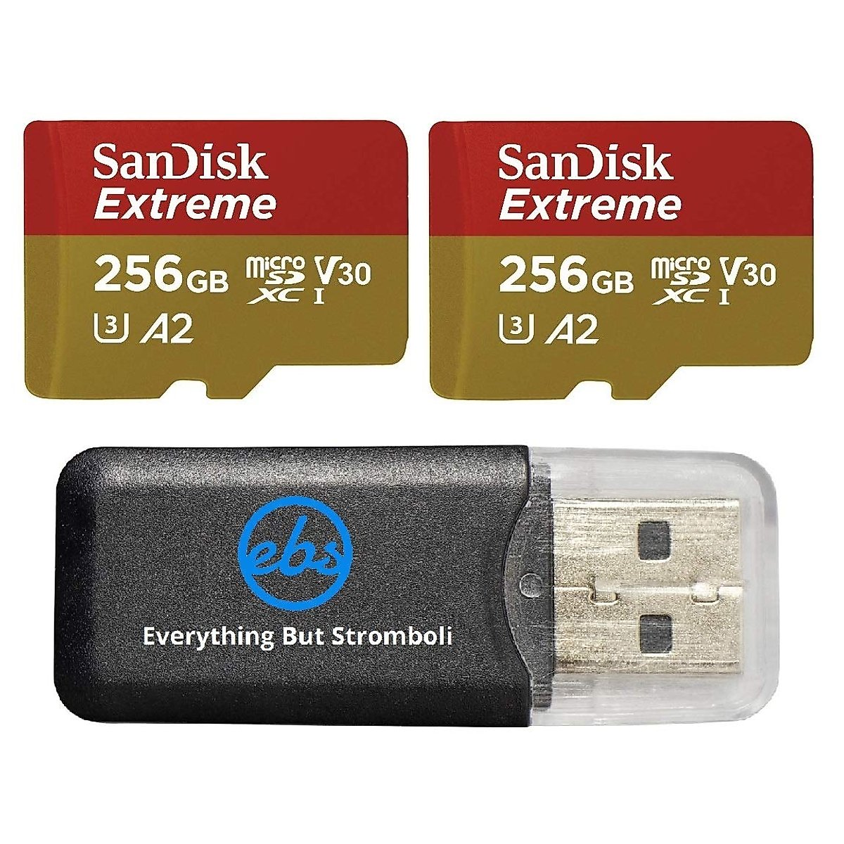 SanDisk Extreme V30 A2 (Bulk 2 Pack) 256GB Micro SD Card for DJI FPV Drone (SDSQXA1-256G-GN6MN) UHS-I U3 Class 10 4K SDXC Bundle with (1) Everything But Stromboli MicroSDXC Memory Card Reader