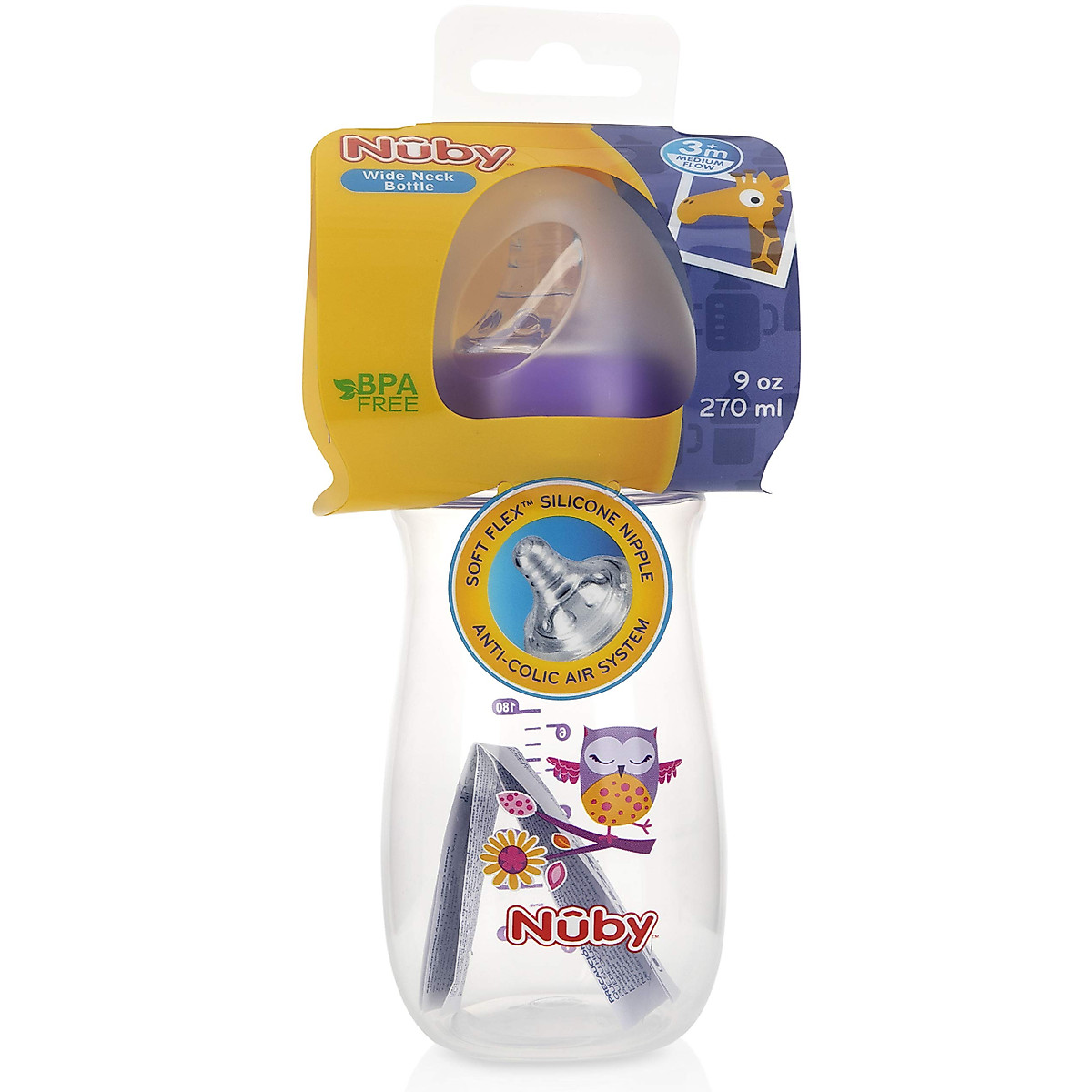 Nuby Wide Neck Bottle with Anti-Colic Air System, Colors/Prints May Vary, 1 Pack of 1 Bottle