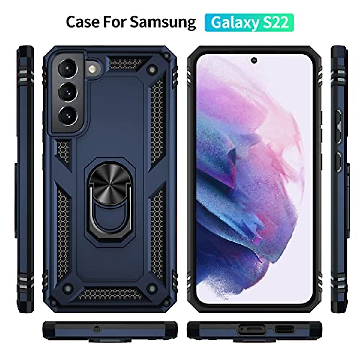 SKTGSLAMY for Samsung Galaxy S22 Case,Galaxy S22 Case,with Screen Protector,[Military Grade] 16ft. Drop Tested Cover with Magnetic Kickstand Car Mount Protective Case for Samsung S22 5G (Blue)