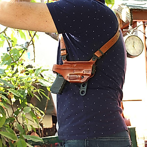 Premium Leather Horizontal Shoulder Holster System with Double Magazine Carrier for Standard Sigg P365 with Out Rail 9mm Micro Compact 3.1''BBL, Right Hand Draw, Brown Color #1329#