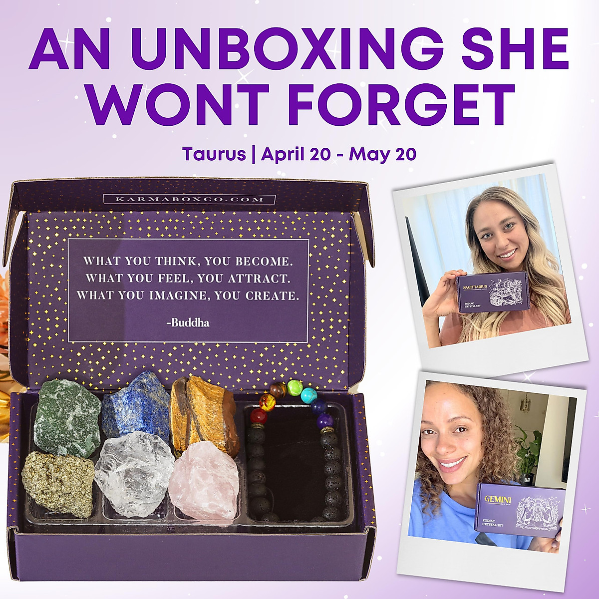 KARMABOX Taurus Gifts for Women - Taurus Crystal Healing Stone Gift Set - 12 Zodiac Signs - Zodiac Gifts - Astrology Gifts for Women - Horoscope Gifts - Birthday Gifts for Women