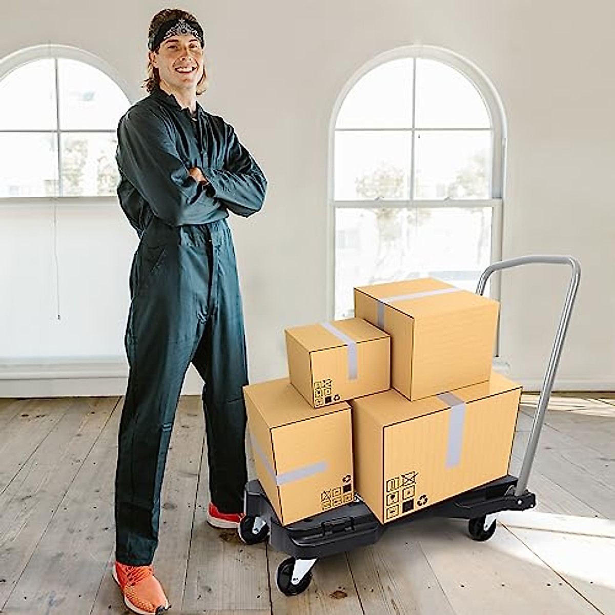 Olympia Tools Fully Folded Resin Push Cart Dolly - 330 Lb. Loading Capacity Foldable Moving Platform Cart Hand Truck - Black Collapsible Heavy Duty Folding & Rolling Flatbed Cart with 4 Swivel Wheels