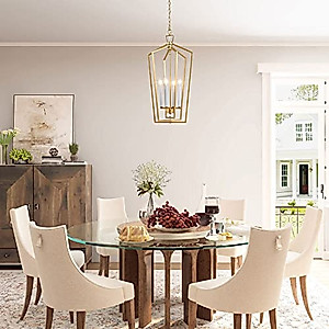 KSANA Gold Chandelier, 4-Light Gold Lantern Pendant Light with Adjustable Framework for Kitchen, Dining Room, 14" W x 28.3" H